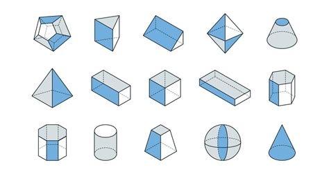 Geometric Shapes Line Icons Set In Blue And Gray Basic Stereometry