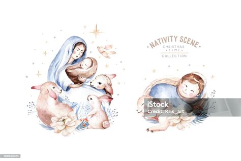 수채화 크리스마스 출생 장면 신생아 예수 마리아 천사와 양과 기독교 이야기 거룩한 유쾌한 크리스마스 카드 건초 식물에 대한 스톡 벡터 아트 및 기타 이미지 Istock