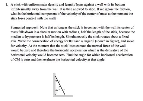 Solved A Stick With Uniform Mass Density And Length L Leans Chegg
