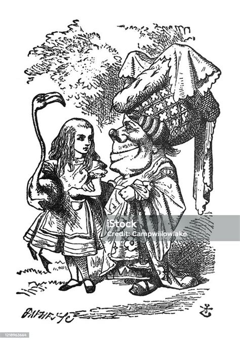 이상한 나라의 앨리스 골동품 일러스트 공작부인에게 말하는 플라밍고를 들고 있는 앨리스 이상한 나라의 앨리스에 대한 스톡 벡터 아트 및 기타 이미지 이상한 나라의 앨리스