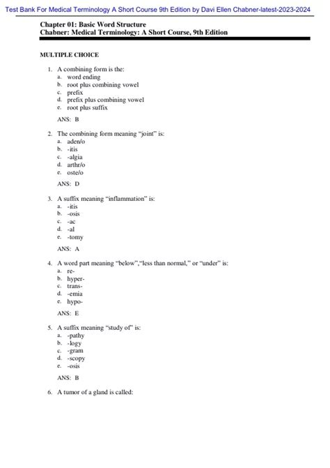 Test Bank For Medical Terminology A Short Course 9th Edition By Davi Ellen Chabner Latest