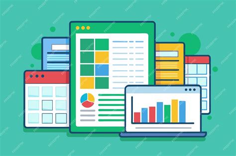 Vibrant Illustration Showcases Various Customizable Spreadsheets Featuring Colorful Charts And