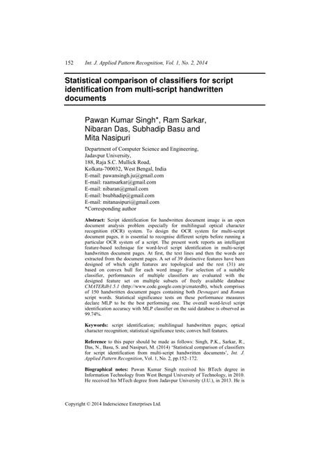 Pdf Statistical Comparison Of Classifiers For Script Identification
