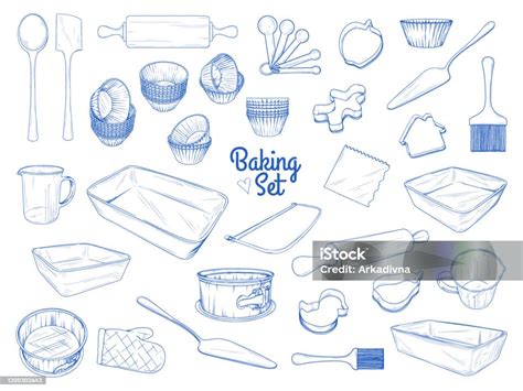 베이킹을위한 요리 세트 베이킹 물건 스케치 스타일의 벡터 일러스트레이션입니다 스케치에 대한 스톡 벡터 아트 및 기타 이미지 스케치 오븐에 굽기 케이크 Istock