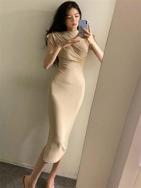 여성용 2022 블랙 카치 민소매 오프 숄더 슬래시 넥 드레스 스플릿 드레스 슬림 랩 힙 드레스 한국 스타일 패션