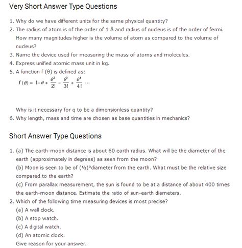 Important Questions For Class Physics Chapter Units And Measurements