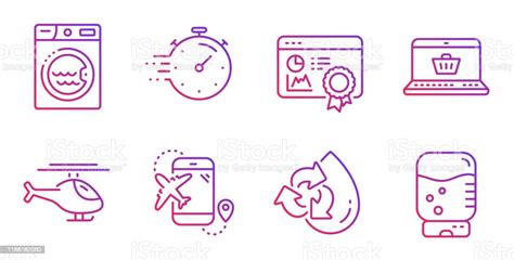 항공편 목적지 온라인 쇼핑 및 세탁 아이콘 세트 서인증서 재활용 물 및 헬리콥터 표지판 벡터 0명에 대한 스톡 벡터 아트 및