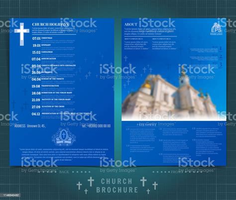 종교 양면 브로셔 또는 전단지 템플릿 교회 건물 흐리게 사진 및 교회 달력 블루 벡터 현대적인 스타일의 모의 업 커버 교회에 대한 스톡 벡터 아트 및 기타 이미지 Istock