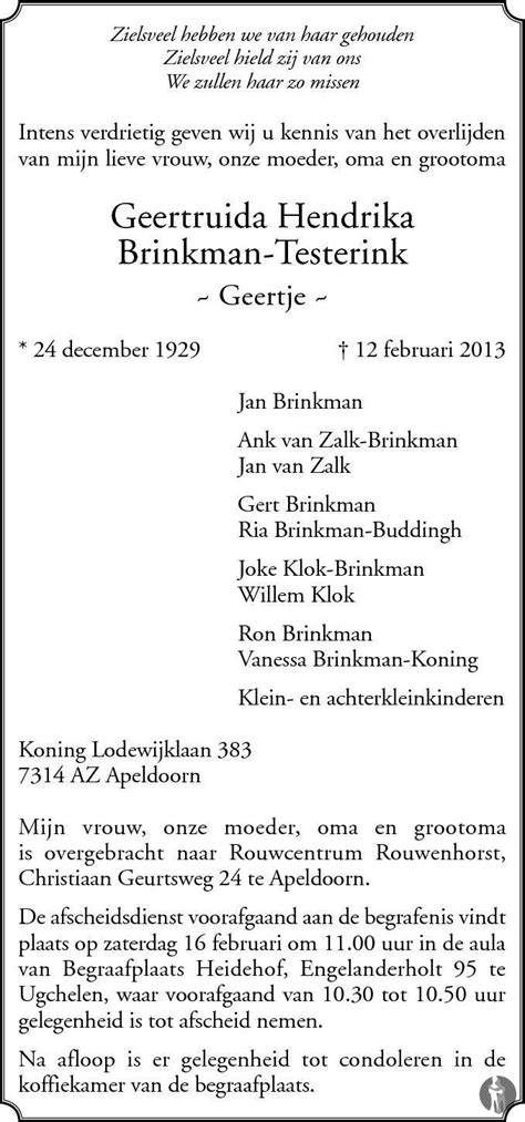 Geertruida Hendrika Geertje Brinkman Testerink 12 02 2013 Overlijdensbericht En Condoleances