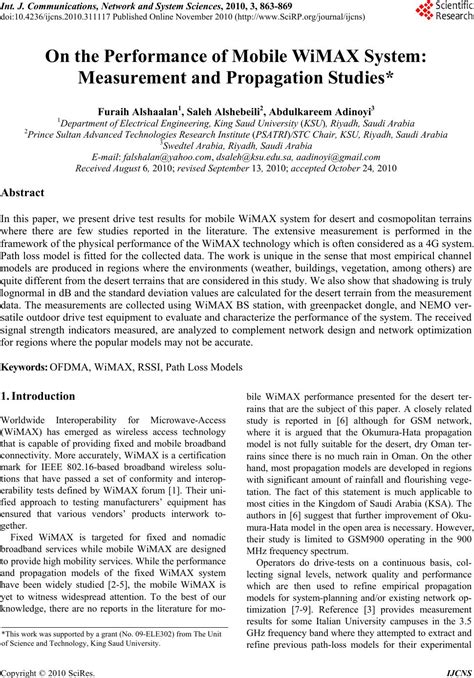 on the performance of mobile wimax system measurement and propagation