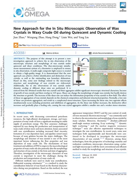 Pdf New Approach For The In Situ Microscopic Observation Of Wax Crystals In Waxy Crude Oil