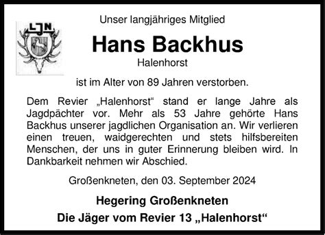Traueranzeigen Von Hans Backhus Nordwest Trauer De