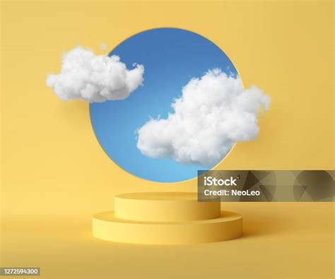 노란색 벽에 둥근 구멍 안에 푸른 하늘과 3d 렌더링 추상적 인 배경 하얀 구름이 빈 연단 위의 창문을 통해 날아다니다 빈 쇼케이스 모형 3차원 형태에 대한 스톡 사진 및