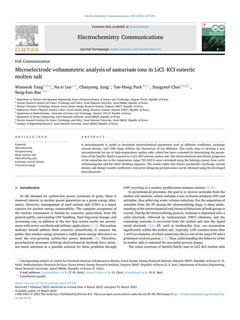Pdf Microelectrode Voltammetric Analysis Of Samarium Ions In Licl Kcl Eutectic Molten Salt