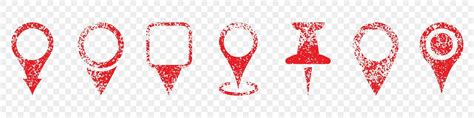 Red Location Pin Grunge Icon Set Dirty Map Marker GPS Navigation Sign Map Pointer Grimy