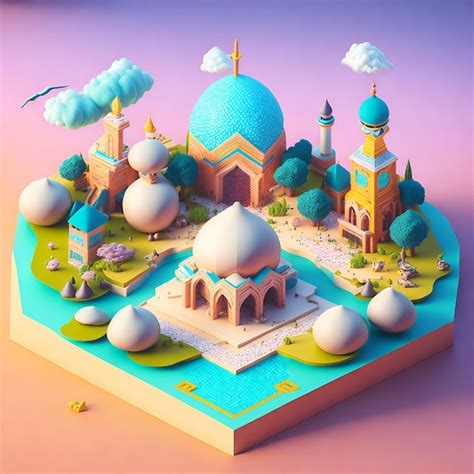 이슬람 축하의 날 배경 그림을 위한 아랍 마을과 마을의 아이소메트릭 프리미엄 사진