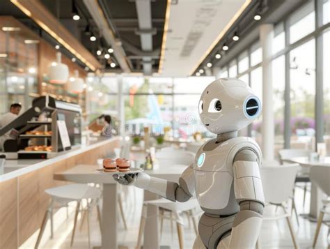 Robot Waiter Serving Cupcakes In A Bright Modern Cafe Stock Image