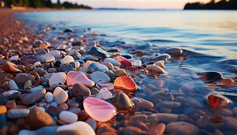 Smooth Pebble Reflects Sunset On Tranquil Coastline Nature Beauty Generated By Ai Stock Image