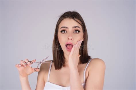 Woman With Scissors Elegant Woman In Hairdressers Salon Girl With Straight Hair With