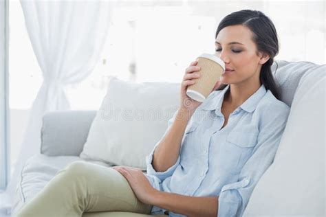 Happy Seductive Brunette Drinking Coffee Stock Image Image Of