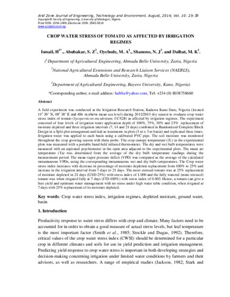 Pdf Crop Water Stress Of Tomato As Affected By Irrigation Regimes