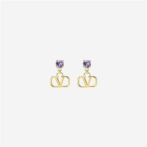 W 발렌티노 메탈 스와로브스키 크리스탈 브이로고 시그니쳐 이어링 골드 퍼플 Valentino Kream