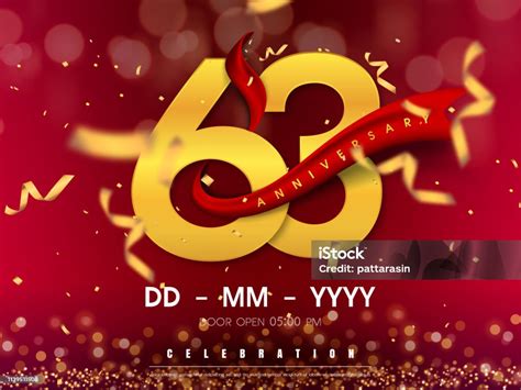 골드 배경에 63 년 기념일 로고 템플릿 63 빨간 리본 벡터와 색종이 고립 된 디자인 요소와 황금 숫자를 축 하 0명에 대한 스톡 벡터 아트 및 기타 이미지 Istock