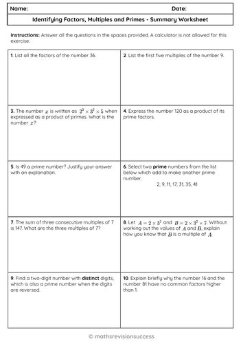 Identifying Factors Multiples And Primes Summary Worksheet