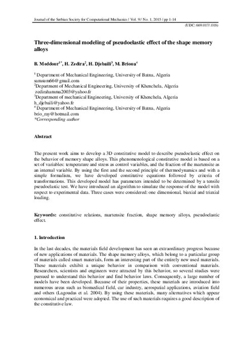 Pdf Three Dimensional Modeling Of Pseudoelastic Effect Of The Shape