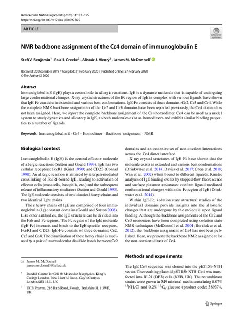 Pdf Nmr Backbone Assignment Of The Cε4 Domain Of Immunoglobulin E