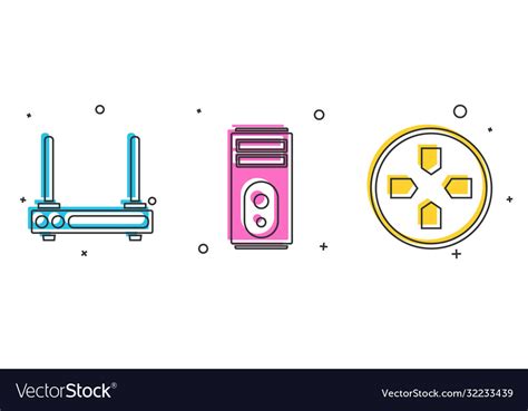 Set Router And Wi Fi Signal Computer And Gamepad Vector Image