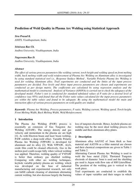 Pdf Prediction Of Weld Quality In Plasma Arc Welding Using Statistical Approach