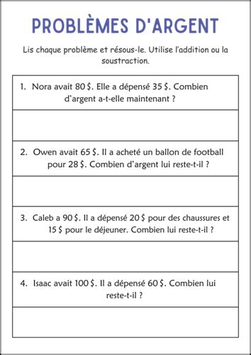 Addition And Subtraction Money Word Problems Math Worksheets In French
