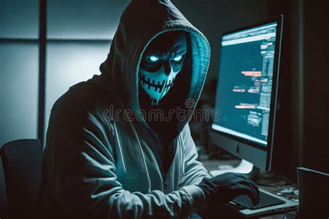 Hooded Hacker With Mask Using Laptop Break Or Attack Into Data Server
