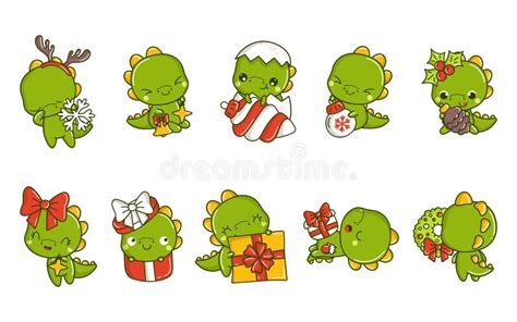 Set Of Vector Christmas Dino Collection Of Kawaii Isolated Christmas