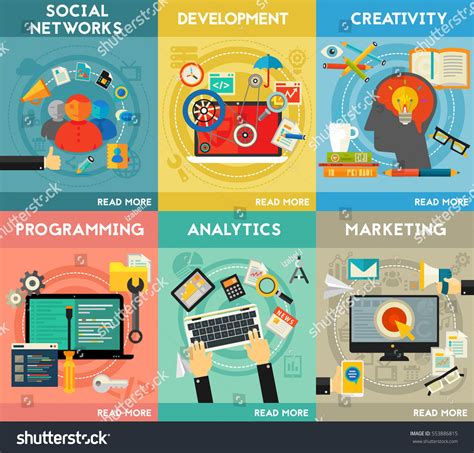 Flat Concept Banners Programming Analytics Marketing Stock Vector