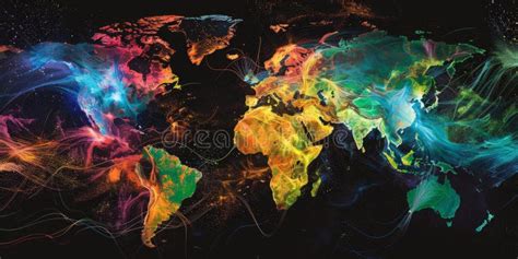 Vibrant World Map With Colorful Light Trails Representing Global Stock Illustration