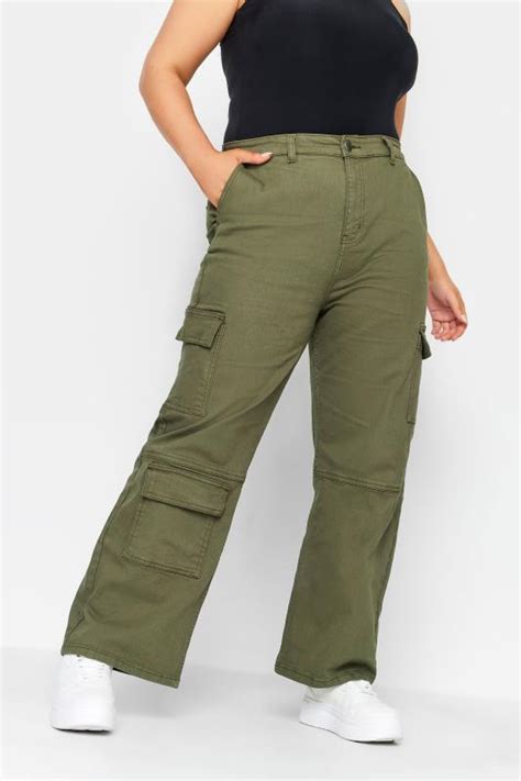 Yours Curve Plus Size Khaki Green Wide Leg Pocket Cargo Trousers
