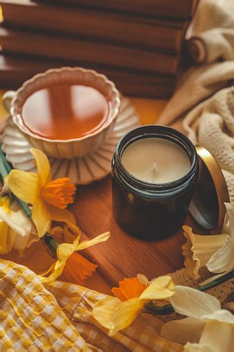 차 한 잔 불을 밝히지 않은 양초 노란색 수선화 책 부드러운 패브릭이 어우러진 아늑한 봄 플랫레이는 자연스러운 색조로 따뜻함과 휴식을 불러일으킵니다 감정에 대한 스톡 사진