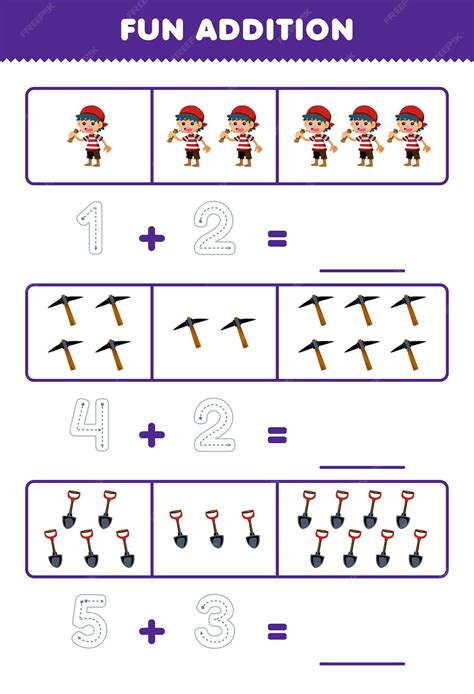 귀여운 만화 소년 곡괭이와 삽 인쇄 가능한 해적 워크시트의 수를 세고 추적하여 어린이를 위한 교육 게임 재미 추가 프리미엄 벡터