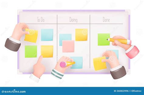 Kanban Board With Color Sticky Notes And Writing Hands Vector Illustration