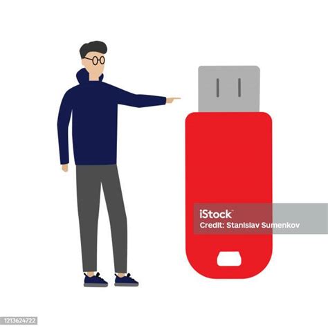 남성 및 Usb 플래시 드라이브 흰색 배경에 고립 된 평면 만화 캐릭터eps 남자에 대한 스톡 벡터 아트 및 기타 이미지