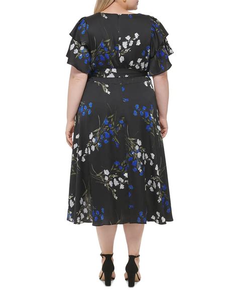 Dkny Plus Size Floral Print Tie Waist Ruffled Sleeve Midi Dress Macys