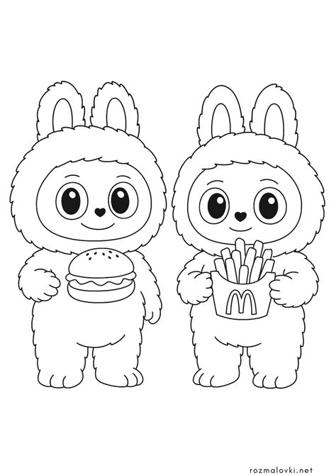 Розмальовка Лабубу з Бургером та Картоплею Фрі ⭐️ роздрукувати скачати безкоштовно А4 розфарбовку