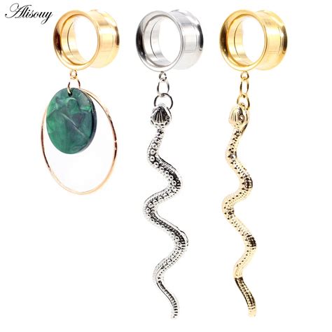 Alisouy 2pcs 스테인레스 스틸 그린 아크릴 버튼 뱀 펜던트 귀 터널 플러그 확장기 들것 게이지 피어싱 바디 쥬얼리