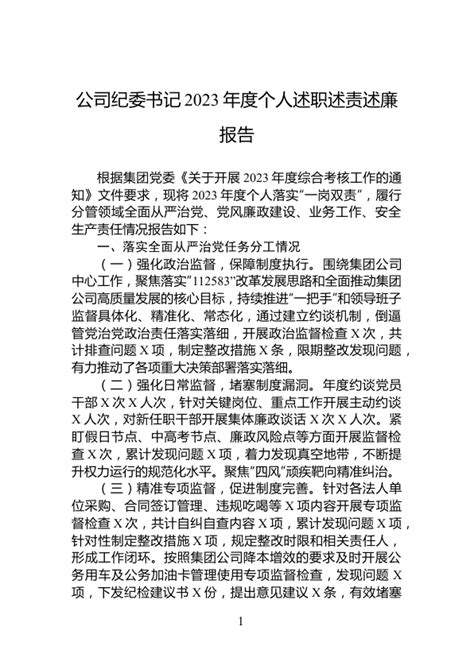 公司纪委书记2023年度个人述职述责述廉报告 党务党建 公文易网