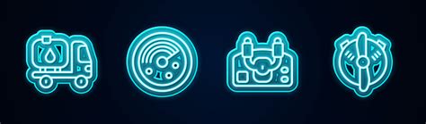 세트 라인 연료 탱커 트럭 모니터에 표적이 있는 레이더 항공기 조타 장치 및 비행기 프로펠러 빛나는 네온 아이콘입니다 벡터 가솔린에 대한 스톡 벡터 아트 및 기타 이미지