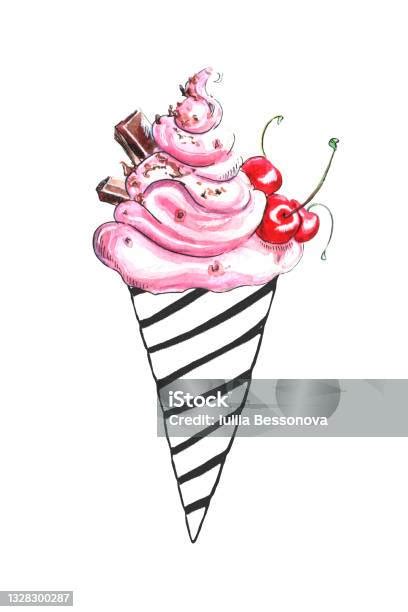 아름다운 핑크 수채화 추상적 인 반투명 아이스크림은 흰색 배경에 체리와 초콜릿과 검은 윤곽 와플 콘 손으로 그린 섬세한 클립 아트 스케치 스타일의 이미지 거품 내기에 대한
