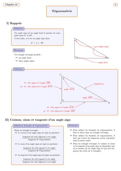 Trigonométrie I Rappels II Cosinus sinus et tangente d un angle aigu