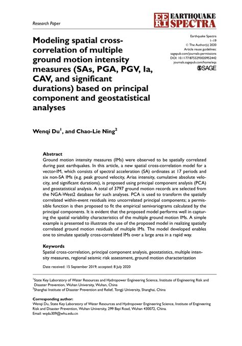 Pdf Modeling Spatial Cross Correlation Of Multiple Ground Motion Intensity Measures Sas Pga
